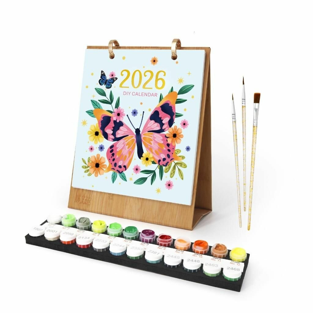 Раскраска по номерам цветы с календарем 2026 для рабочего стола, - 12 видов бабочек
