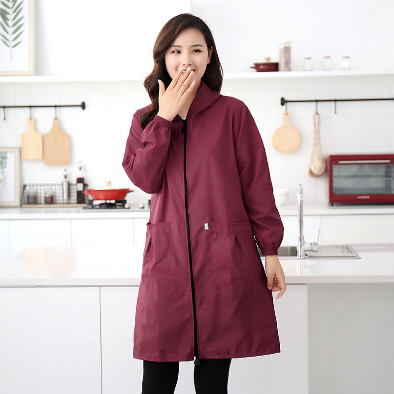 Корейский стиль удлиненного фартука для взрослых, тонкая рабочая одежда для домашней кухни, водонепроницаемый и маслостойкий фартук с длинными рукавами для женщин, модный печатный дизайн