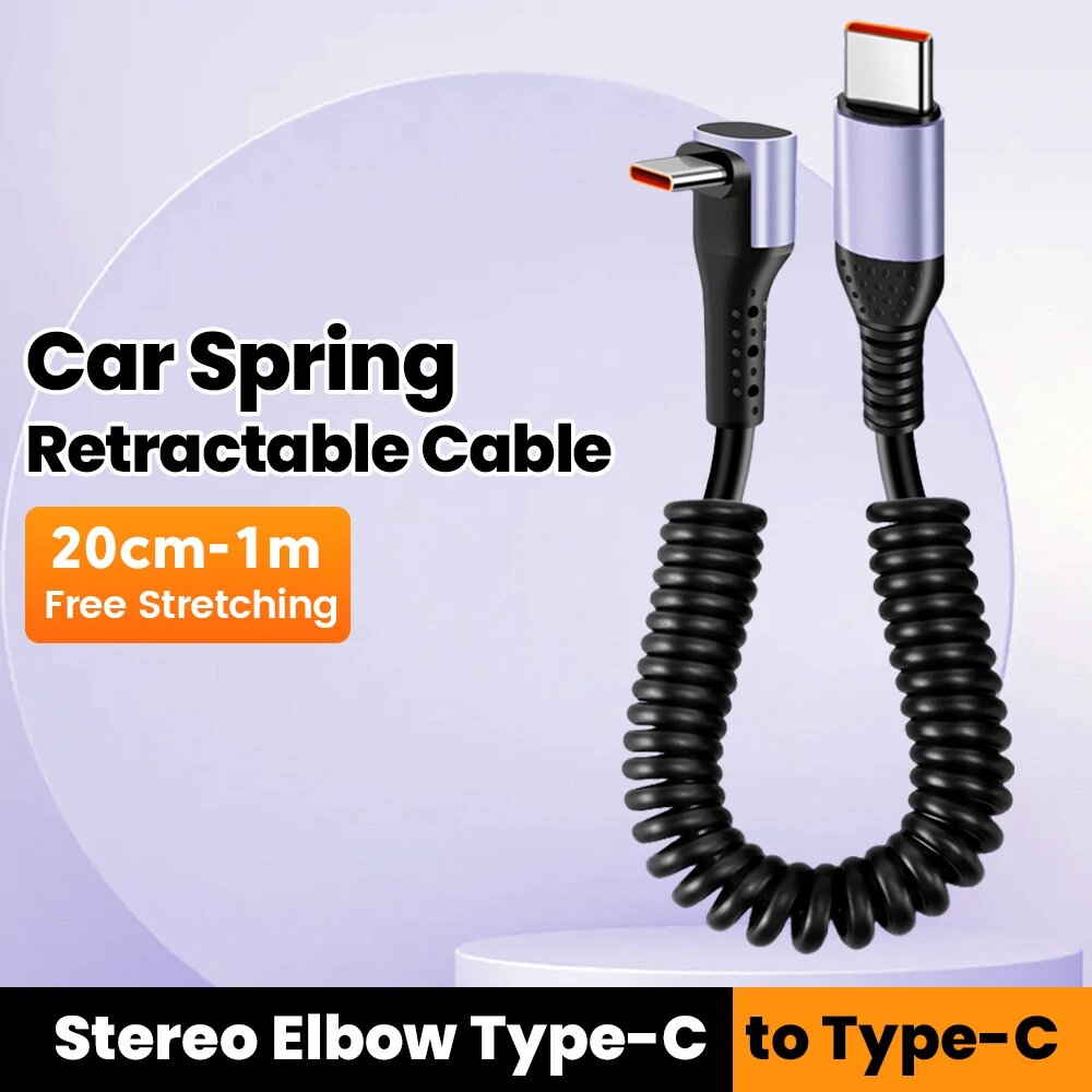 Пружинный выдвижной кабель USB Type C 6A 66 Вт, быстрая зарядка, 90 градусов, тип C к USB C, кабель для передачи данных iphone Android CarPlay Type C To Type C