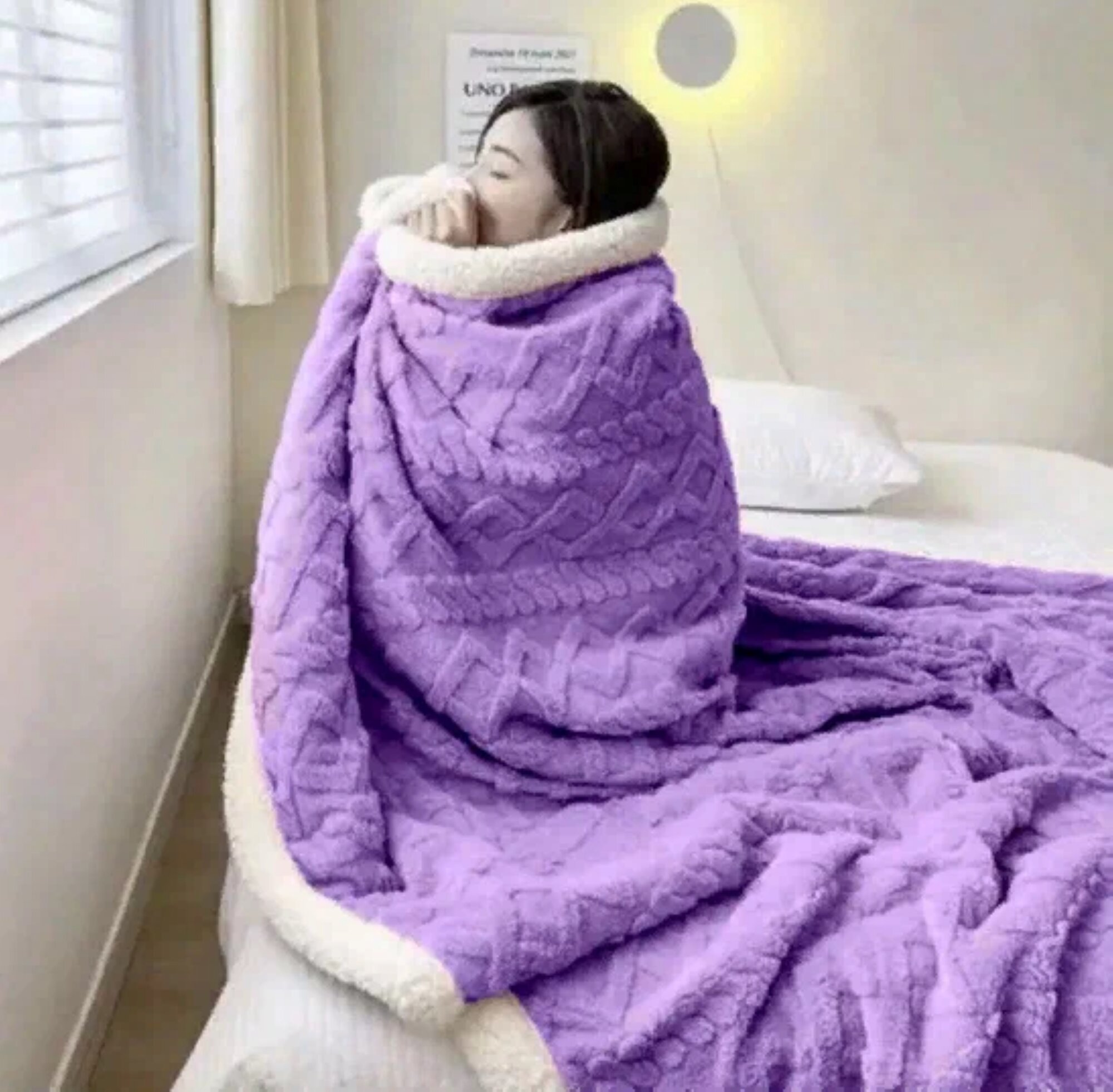 Плед 200*230 Евро, Плед Овечка плюшевый теплый двусторонний под вязаные узоры одеяло Покрывало на кровать, фиолетовый