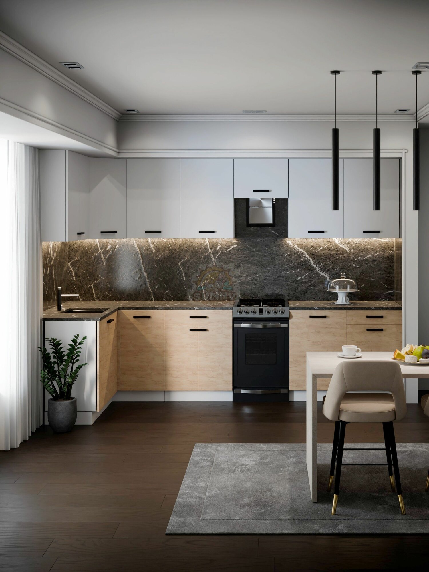 Кухня модульная угловая со столешницей Мария, 140см х 310см, Белый гладкий/Дуб Вотан ЛДСП, 180х310х60 см, столеш-а 60 см