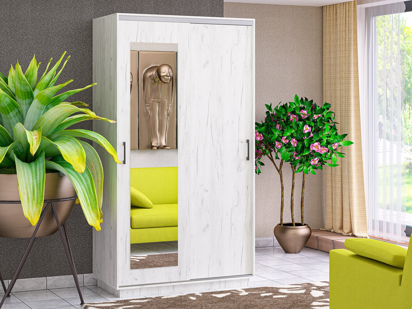 Шкаф МК"Пирамида" Шон-01, двухдверный с зеркалом , цвет крафт светлый, 220х120х60 см