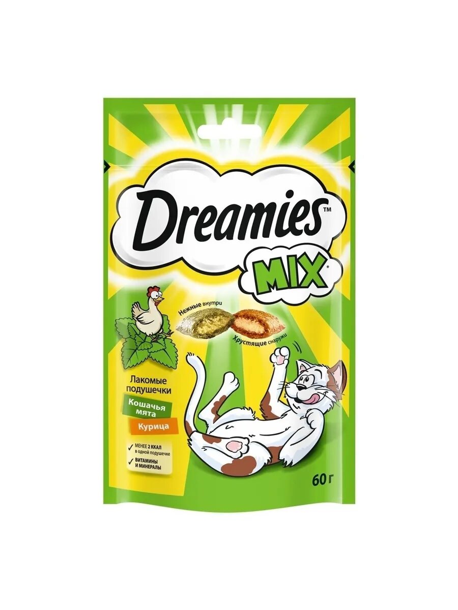 Лакомство Dreamies Подушечки с курицей и кошачьей мятой для