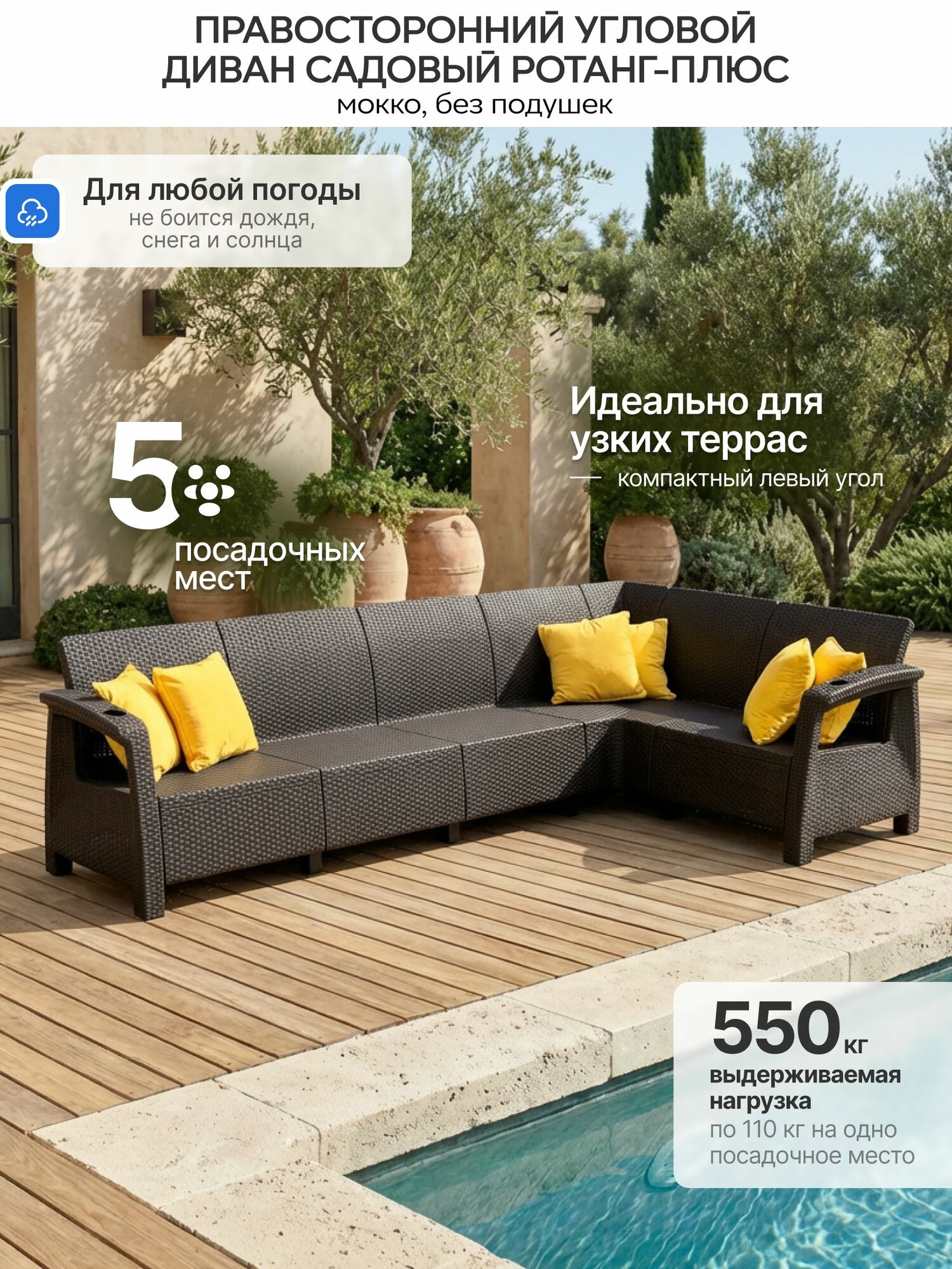 Правосторонний угловой диван садовый Ротанг-плюс, мокко, без подушки