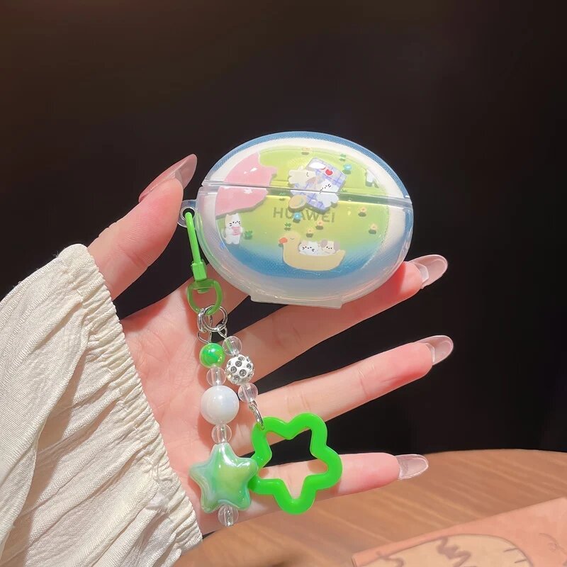 Силиконовый чехол для Huawei Freebuds 5i 6i 4 с бантом Freebuds 6i, Green Cat