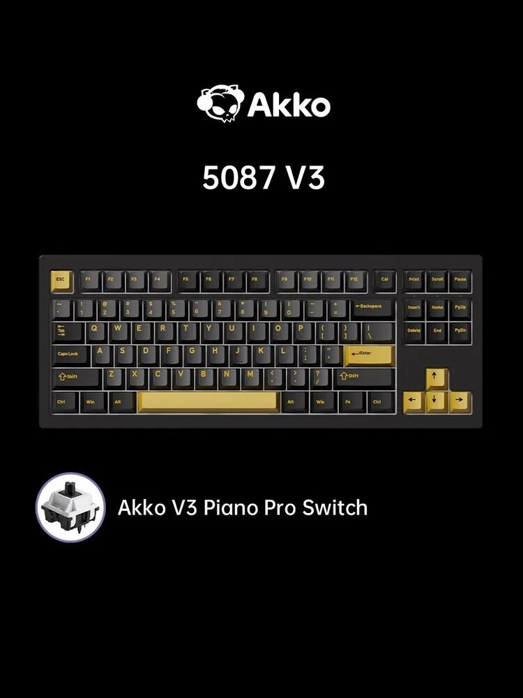 AKKO Игровая клавиатура беспроводная Корпус 5087 V3, черный, трехрежимный механический переключатель, черно-золотая PC-плата стабилизации клавиш, (Akko V3 Piano Pro), Английская раскладка, черный, золотой
