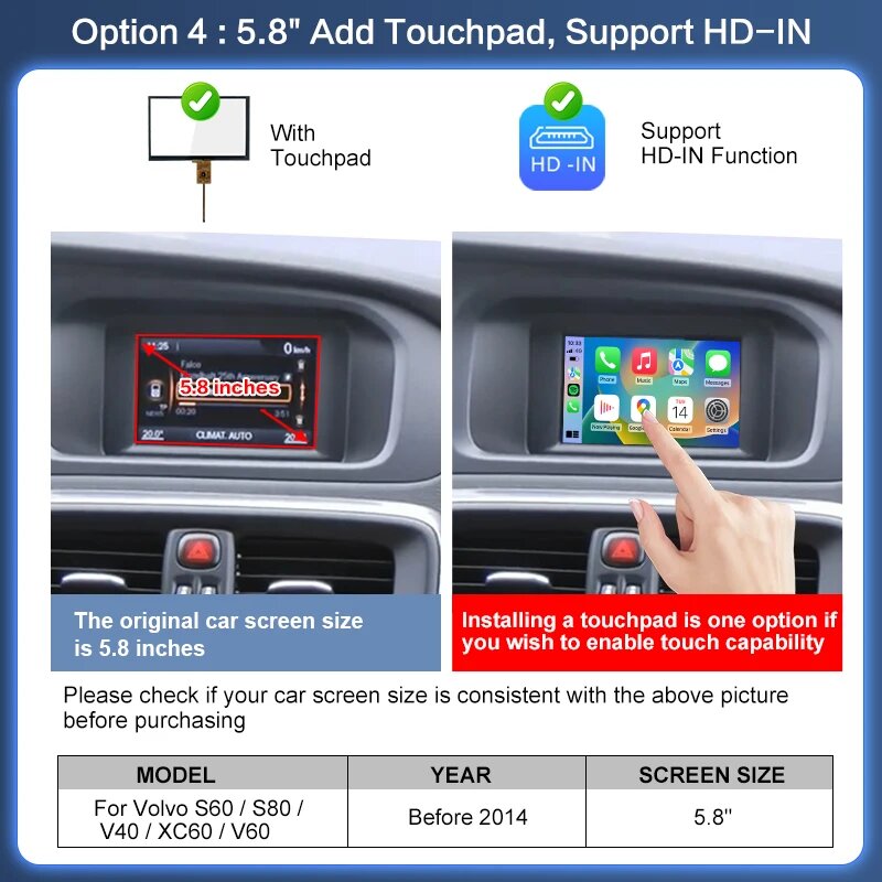 Беспроводной модуль Carplay для Volvo V40 V60 XC60 S60 S80 (до 2014 года) с поддержкой Android Auto, Mirror Link, экраном и камерой