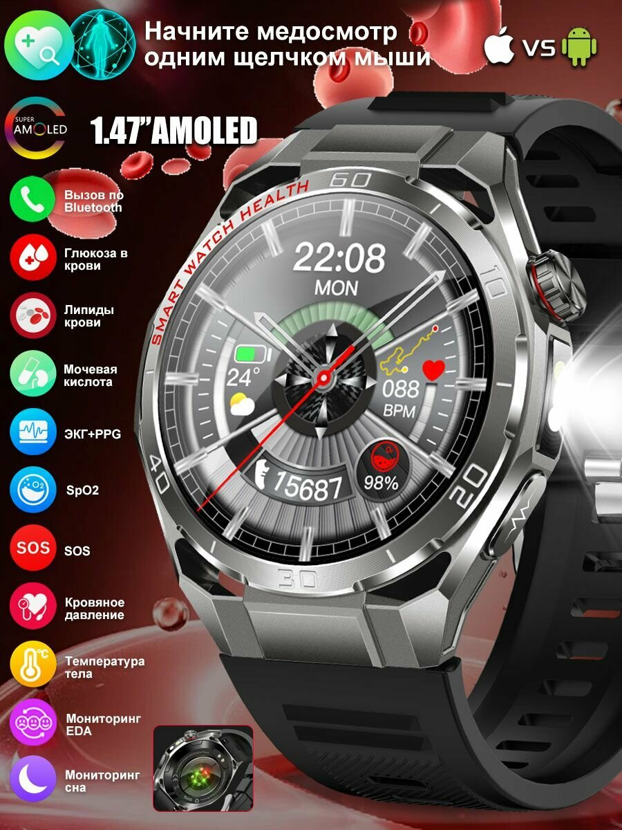 Часы наручные мужские смарт круглые с экг+PPG, с AMOLED экраном, фитнес браслет женский с измерением сахара в крови,