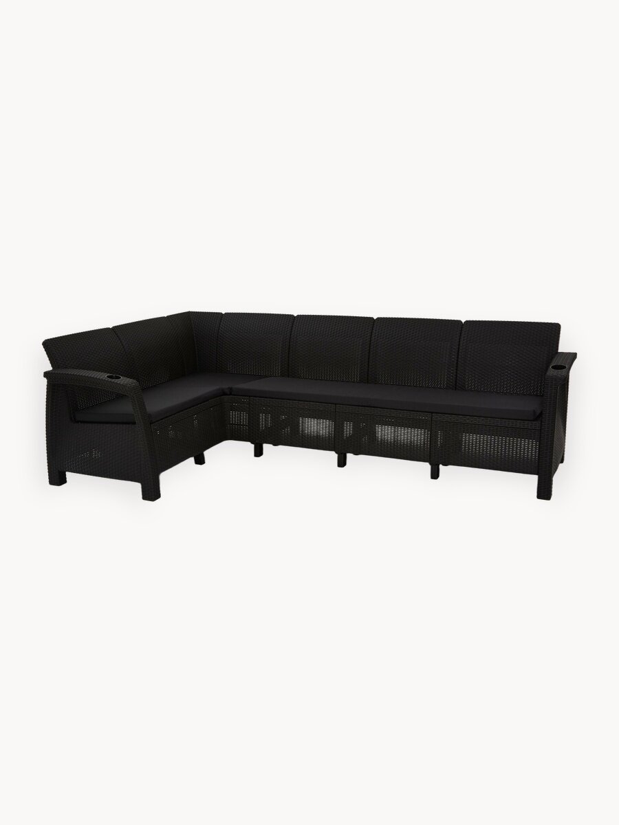 Диван садовый Ротанг L-угловой садовый 146x254x79 см, мокко (подушки черного цвета)