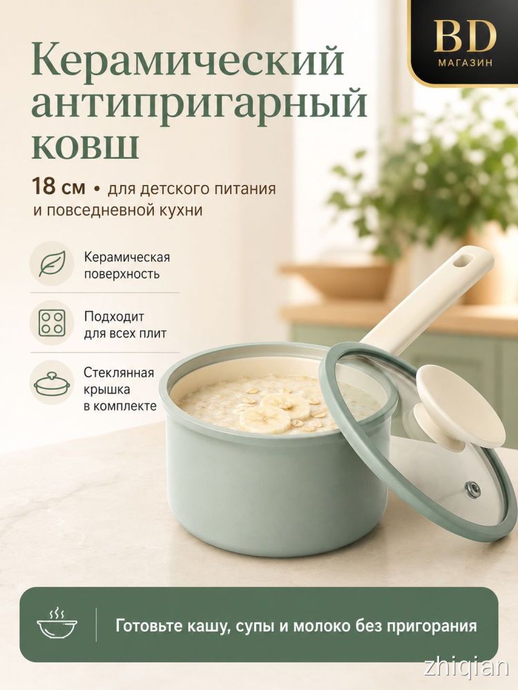 Кухонный ковш 2 л 18 см с крышкой, алюминиевый сплав, керамическое покрытие