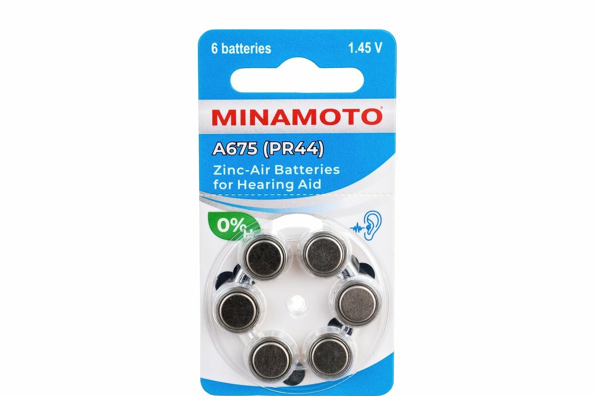 Minamoto слуховая батарейка A675 PR44, 6 шт, совместима со слуховыми устройствами 88675