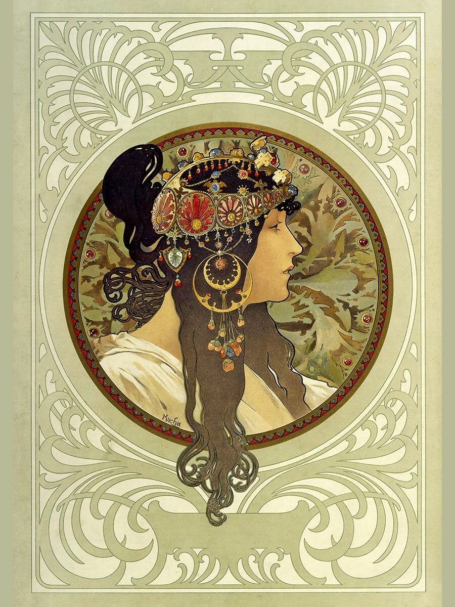 Постер А3. Альфонс Муха. Голова византийки, брюнетка.