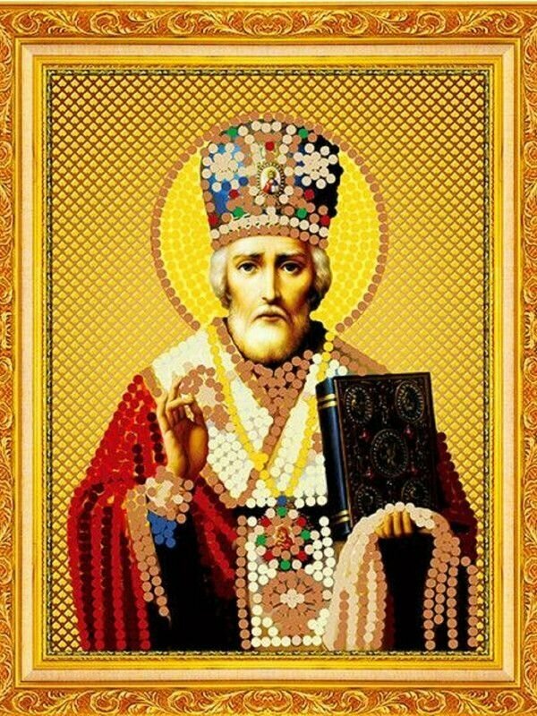 Алмазная мозаика (размер 15х20 см с подставкой и рамкой) Икона "Святой Николай Чудотворец"