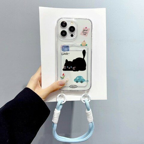 Чехол Cat Card Case, для iPhone 16 Plus, прозрачный, с ремешком, черный