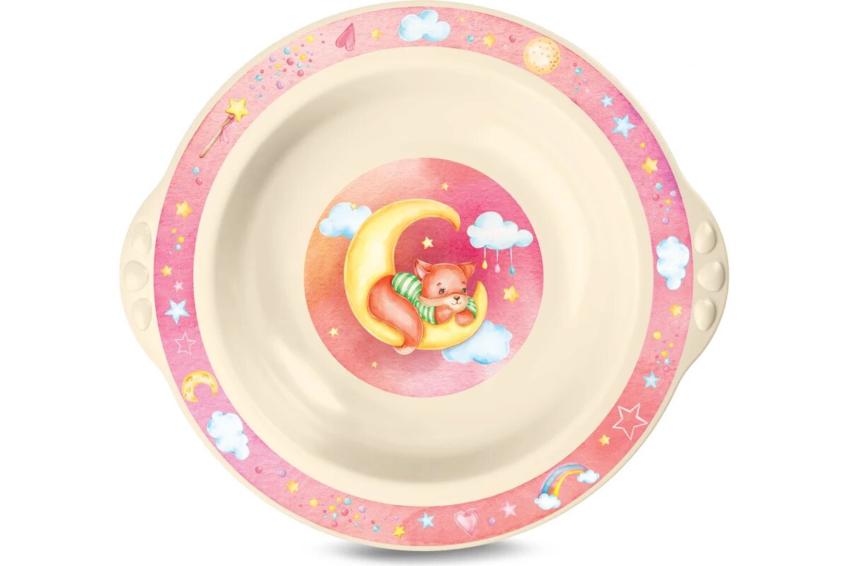 Пластишка глубокая детская тарелка с розовым декором и бежевым оттенком для малышей