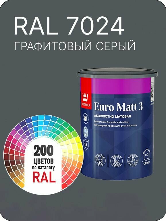 Краска для стен и потолков Tikkurila Euro Matt 3 абсолютно матовая графитовый серый Ral 7024 0.9 л.