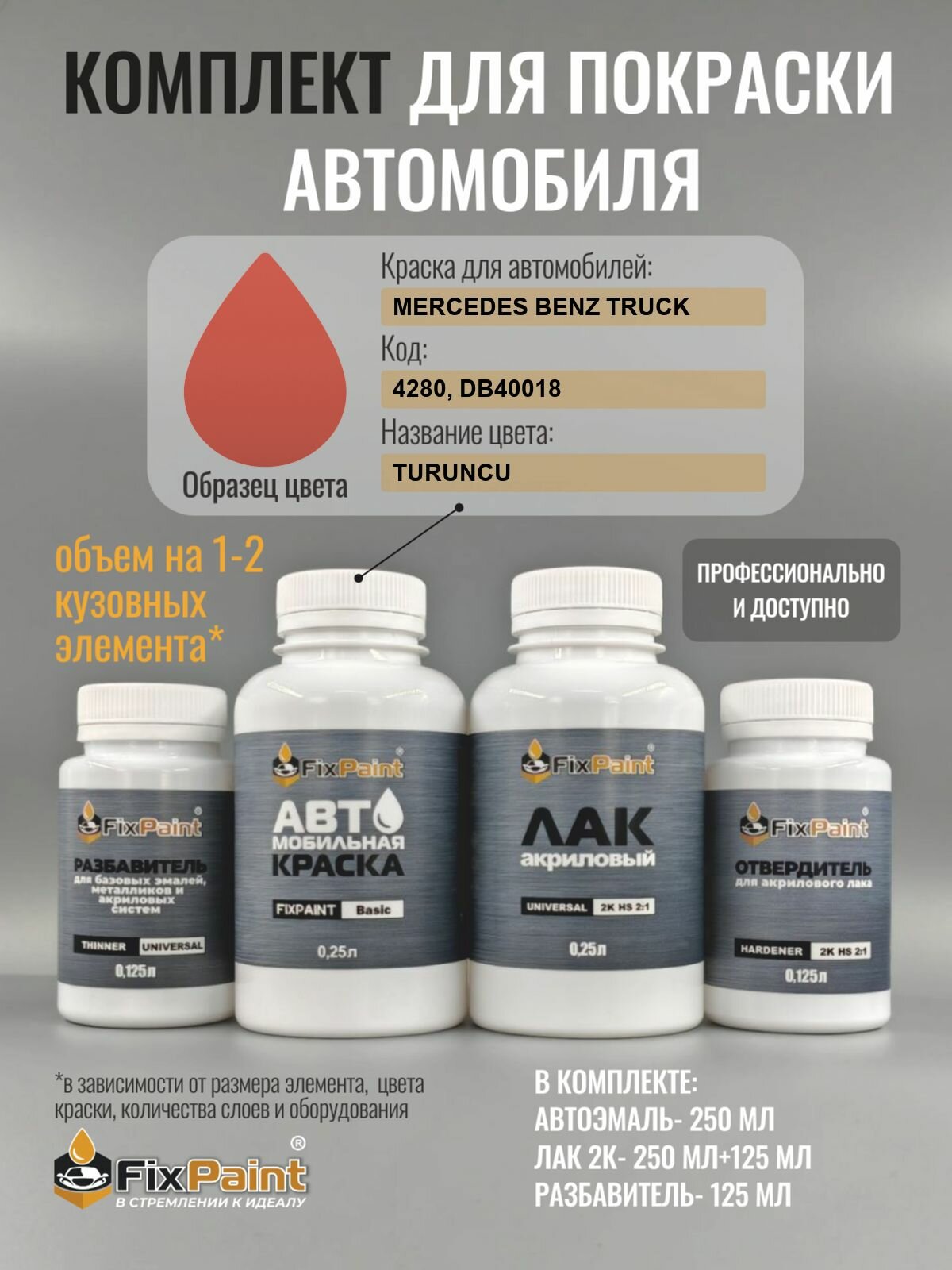 Комплект для покраски MERCEDES BENZ TRUCK, код 4280, DB40018, TURUNCU, базовая автомобильная эмаль 250 мл, лак 2K 250 мл с отвердителем, разбавитель 125 мл, FixPaint Pro