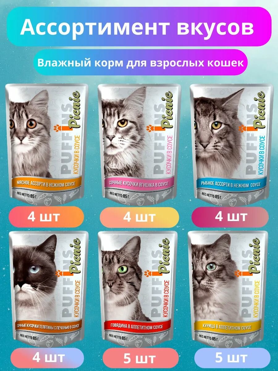 Корм для кошек влажный Puffins Picnic, полнорационный Ассорти вкусов в соусе, 26 шт по 85 гр