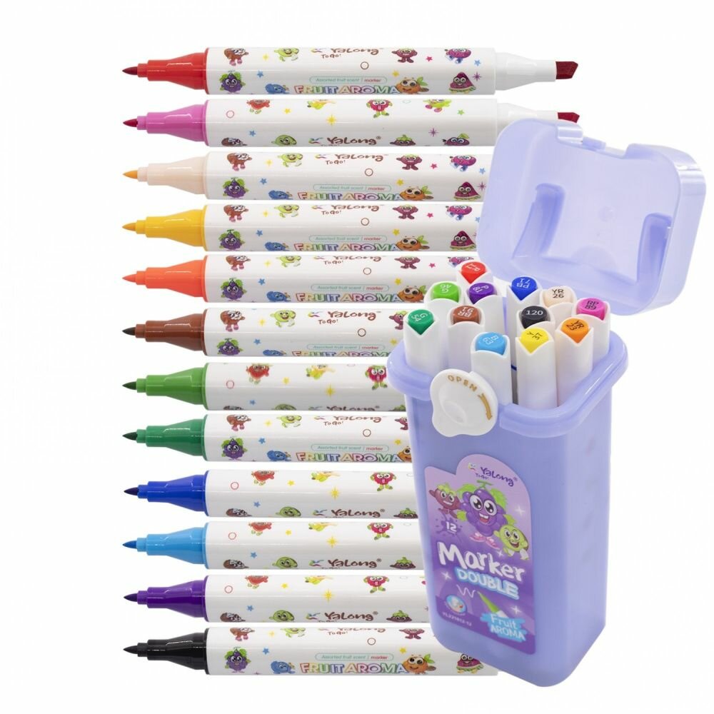 Маркеры двухсторонние для скетчинга Yalong "Duo. Арома", 12 шт , пулевидный/клиновидный 1-4 мм, пластиковый пенал
