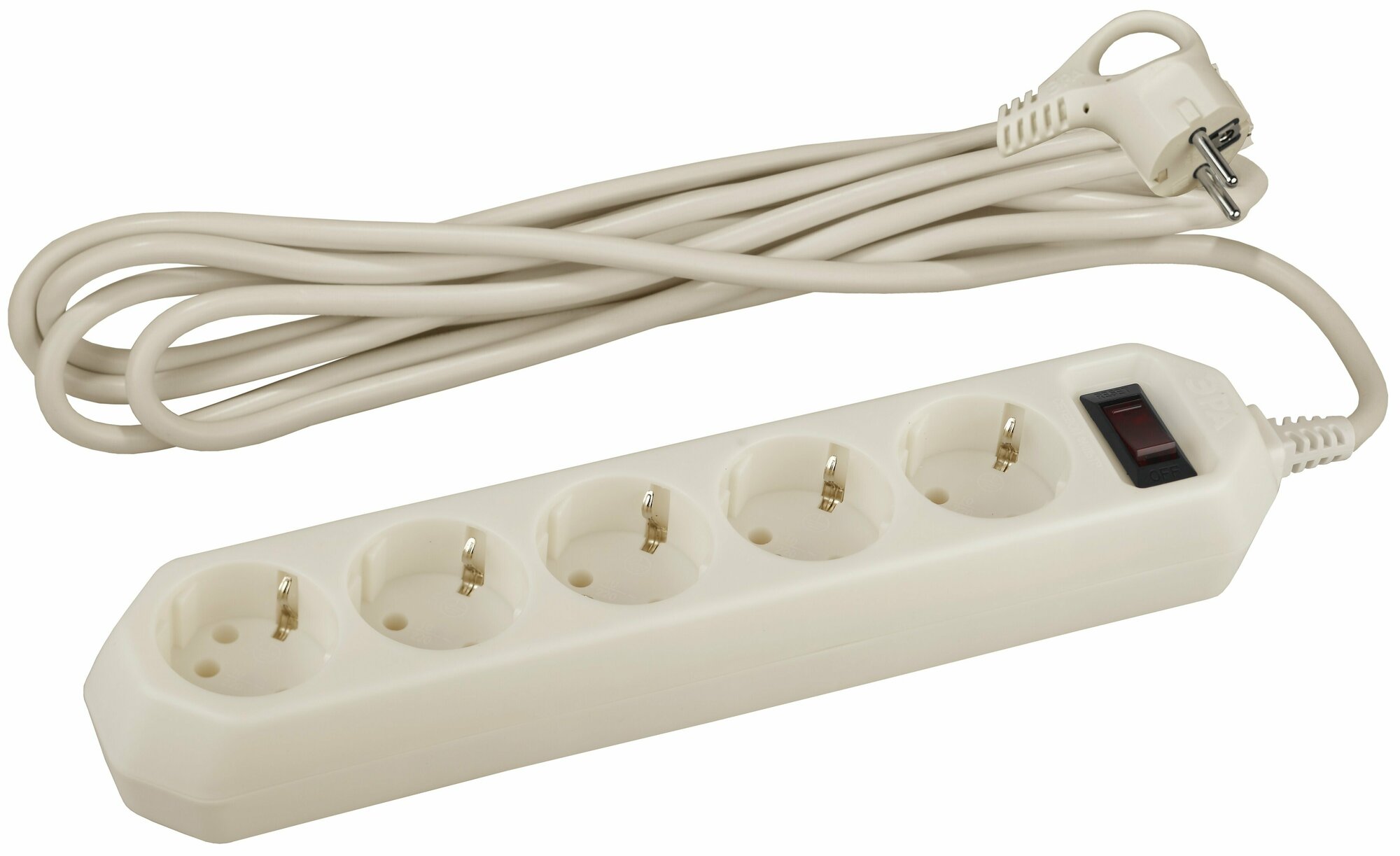 Сетевой фильтр с выключателем базовая защита, с заземлением 3 метра, 5 гнезд, 10А, слоновая кость, ЭРА