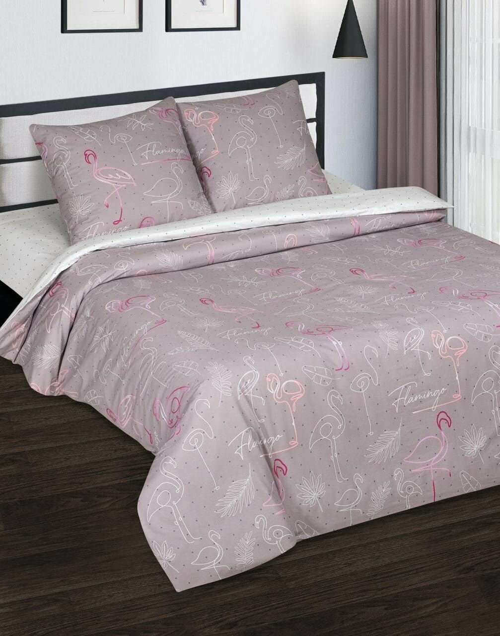 Постельное белье Фламинго на резинке поплин Семейный 70х70