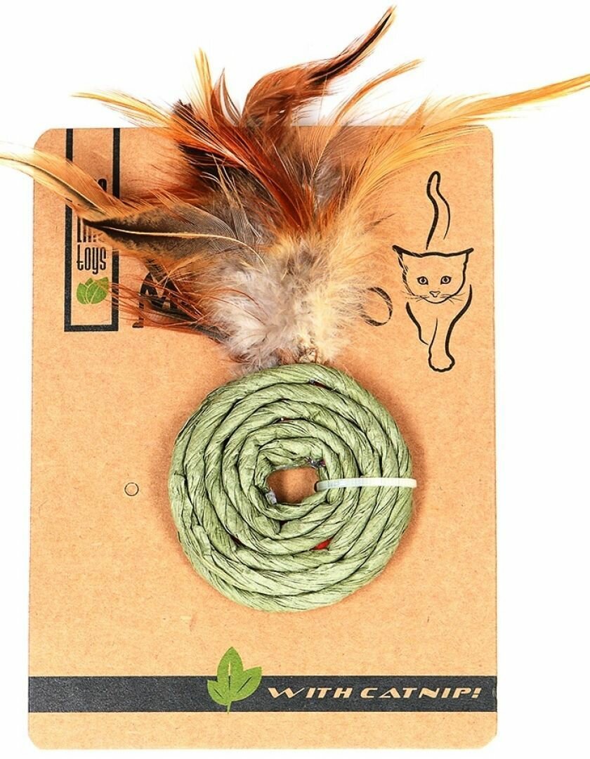 Mon Tero Игрушка для кошек Колечко с перьями, с кошачьей мятой, зелёное