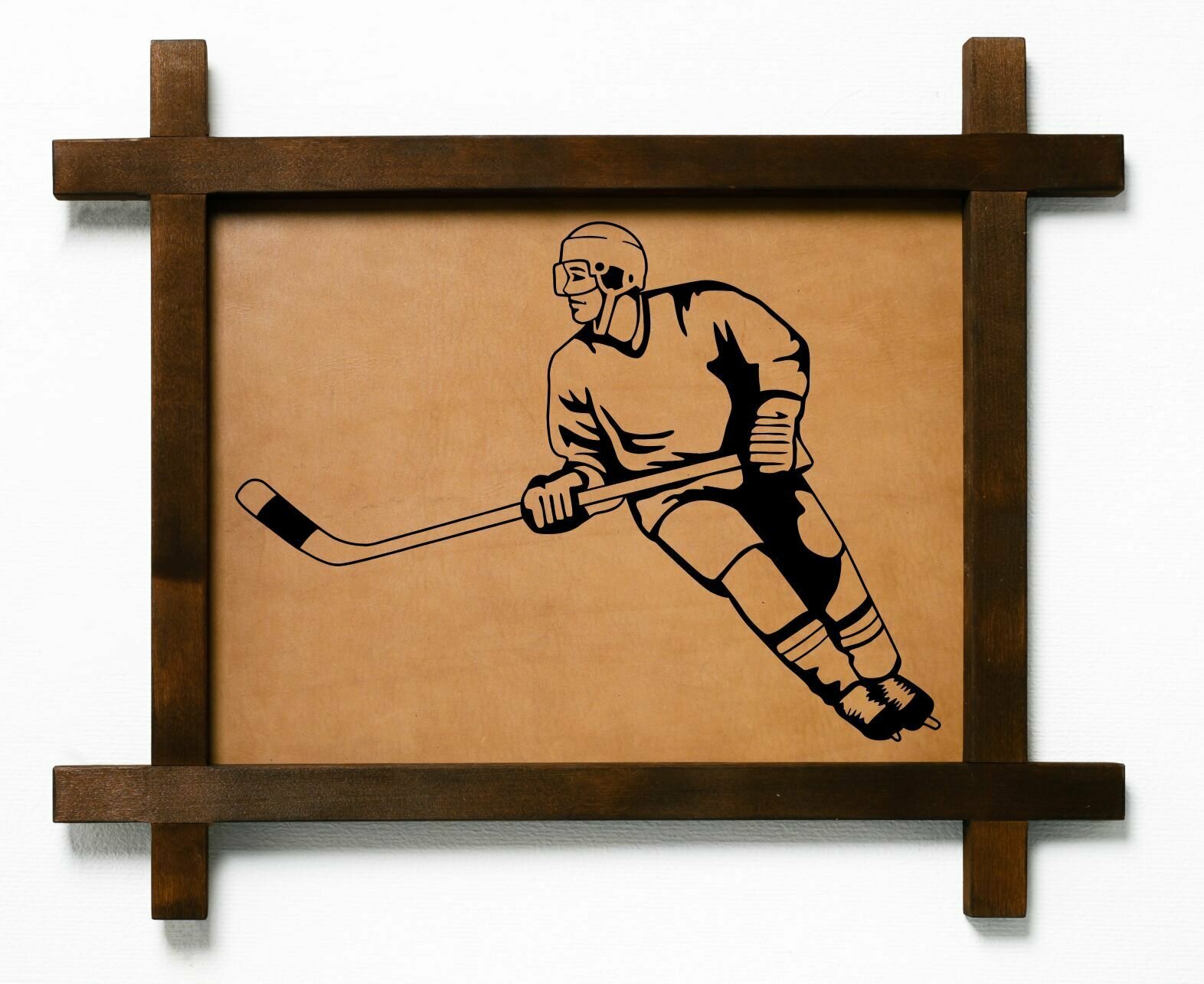 Картина интерьерная, натуральная кожа, "Хоккеист", в деревянной раме, BoomGift