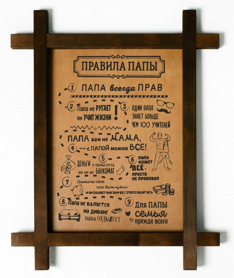 Интерьерная картина из натуральной кожи "Правила папы", декоративное настенное панно в деревянной раме, BoomGift