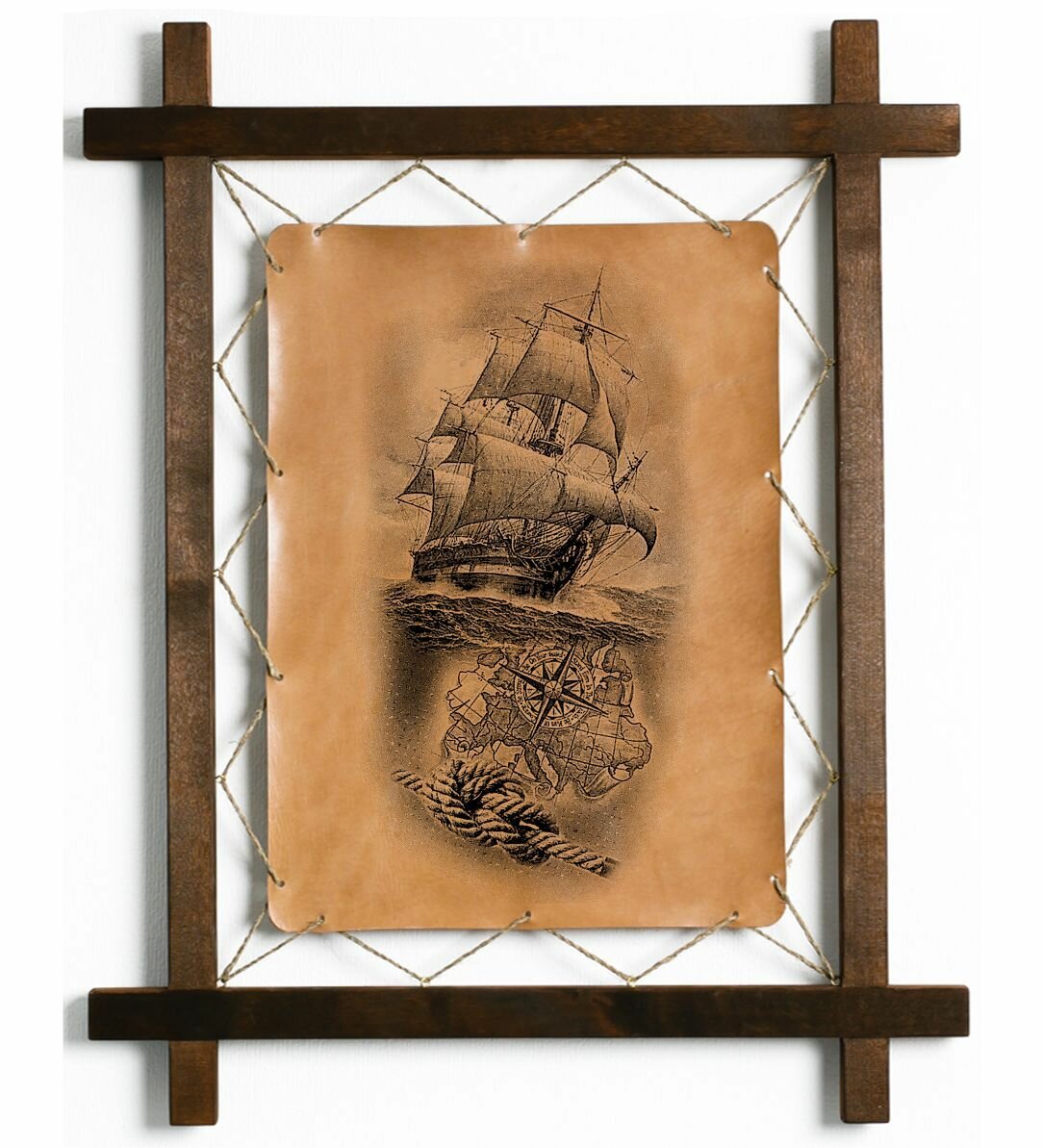 Интерьерная картина из натуральной кожи "Парус", декоративное настенное панно в деревянной раме, BoomGift