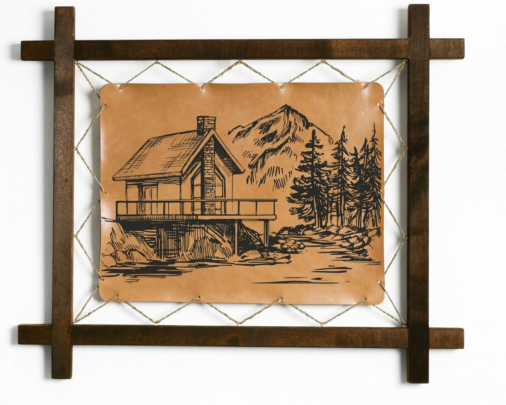 Картина интерьерная, натуральная кожа, "Горы", в деревянной раме, BoomGift