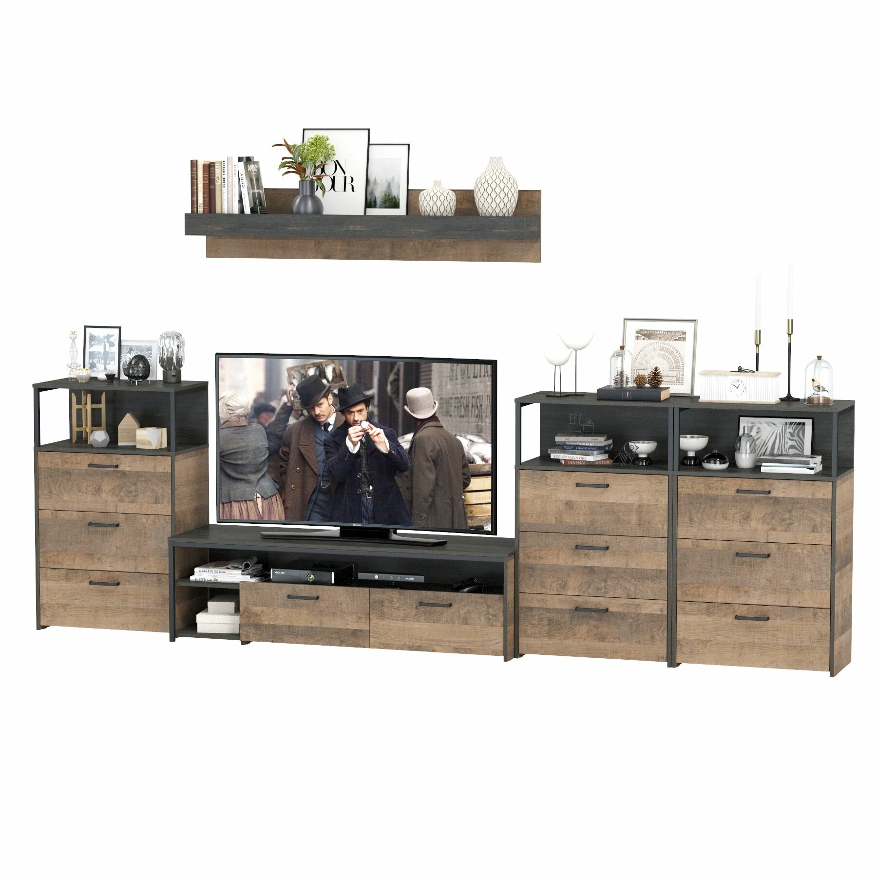 Набор мебели в стиле лофт для гостиной Трувор № 107, цвет дуб гранж песочный/интра, ШхГхВ 347,8х45,4х195 см.