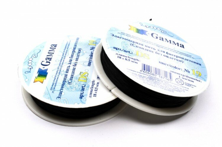 Резинка для бисероплетения Gamma (спандекс без оплетки), диаметр 1мм, длина 18м, цвет 19 черный, 1019-017, 1шт