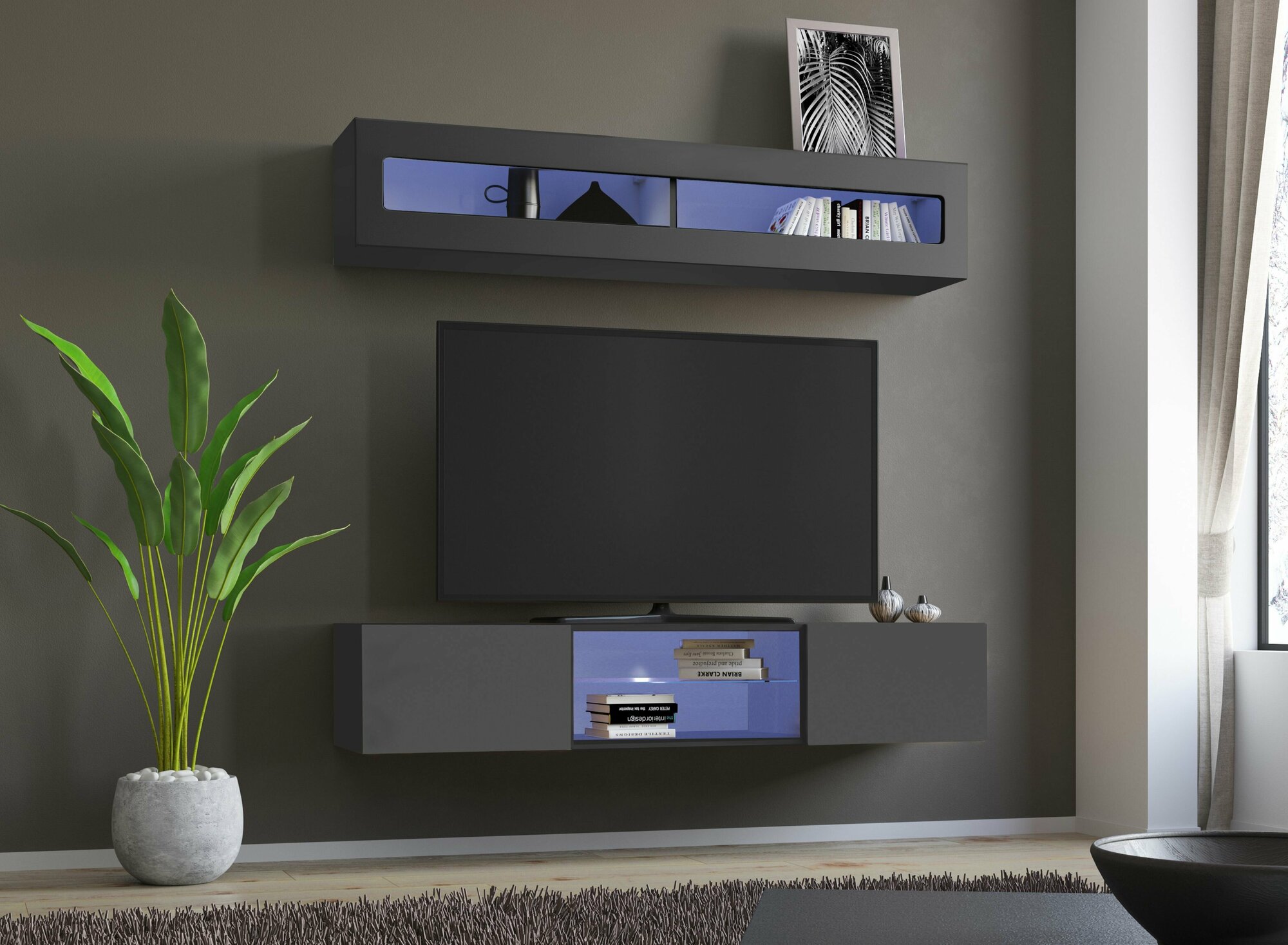 Гостиная Point 3351, мебель в гостиную НК-Мебель, Серый Графит, 175х160х40 см.(ШхВхГ)