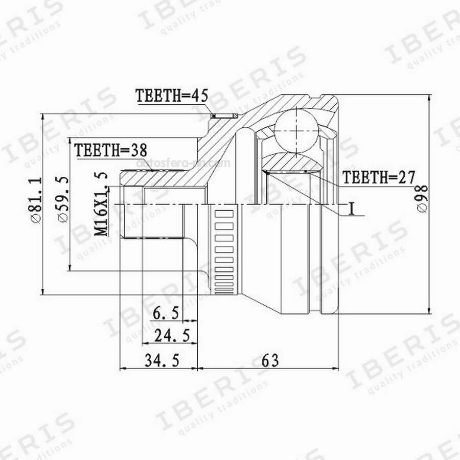 IBERIS IB6016 ШРУС наружный (27Х59.5Х38, ABS=45T) VW PASSAT B5 (3B_) -00/SKODA SUPERB I (3U4) -08/AUDI A6 C5 (4B_) -05