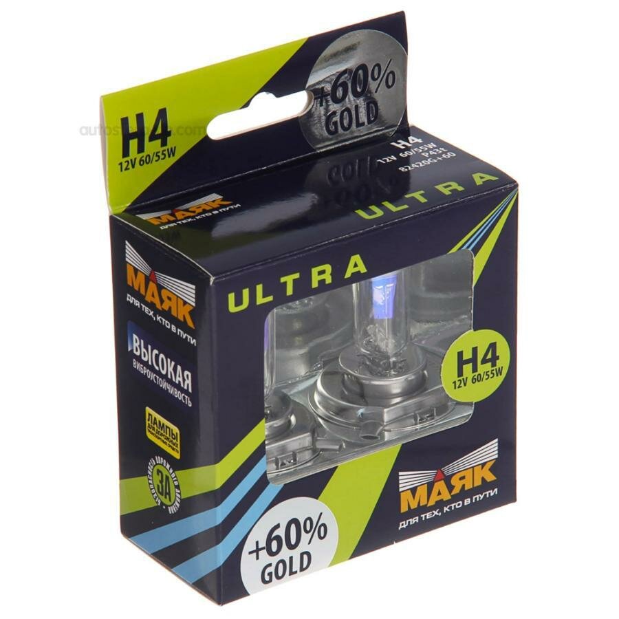 MAYAK 82420G60 Лампа галоген H4 12V 55W P43t Gold +60% к-т 2шт (маяк)