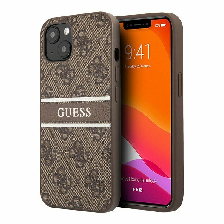 Guess чехол для iPhone 14, PU кожа 4G Stripe printed logo коричневый