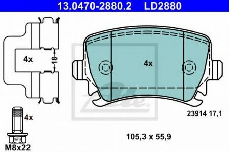 Колодки AUDI A3 2.0T/2.0TDI 03- ЗАД (CERAMIC), 13047028802 ATE 13.0470-2880.2