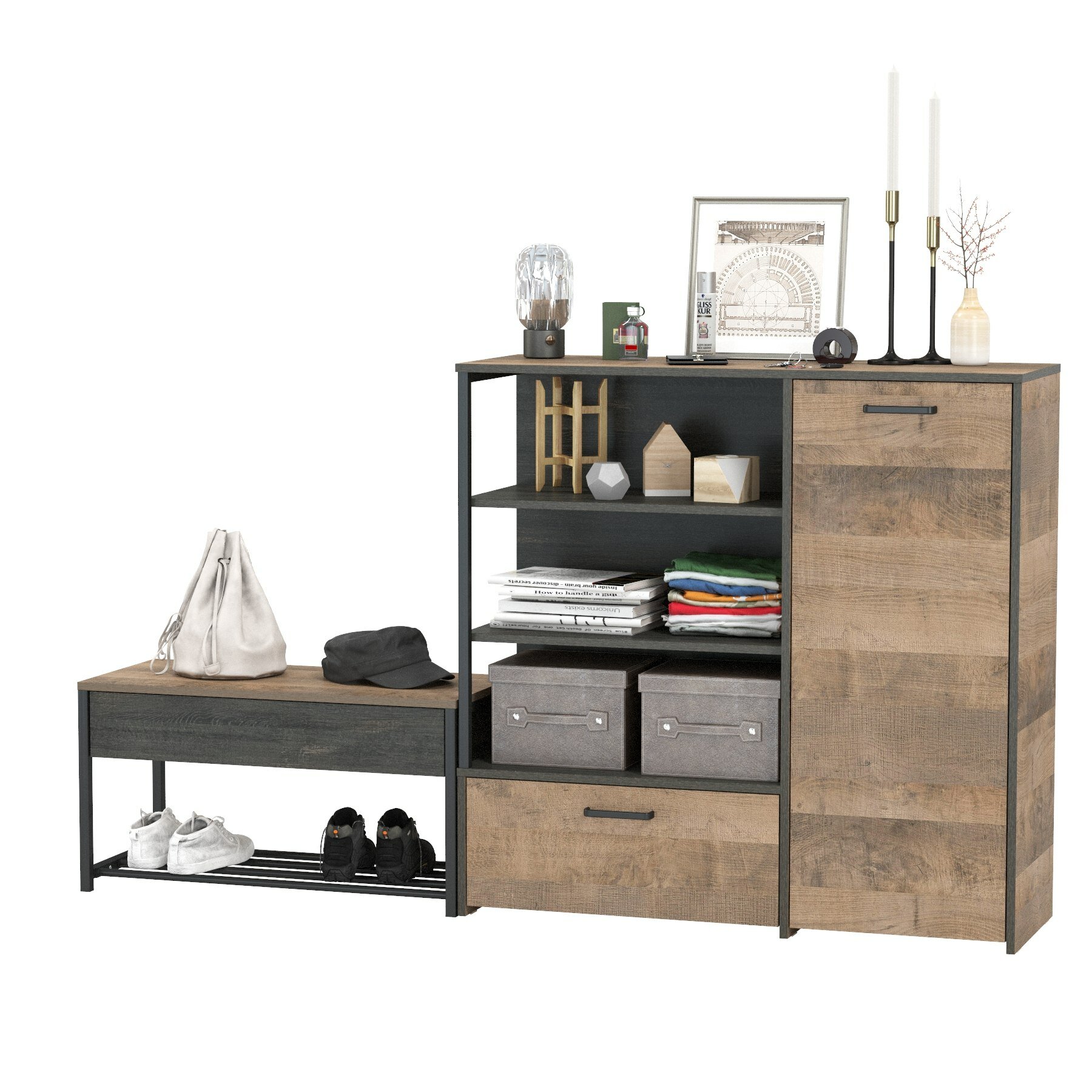 Комод с ящиком и нишами и обувница с сиденьем Трувор, цвет дуб гранж песочный/интра, ШхГхВ 189х36,9х106,9 см.