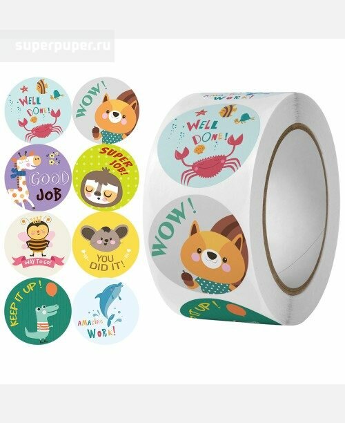 Набор наклеек "Животные", бумага, 500 штук. Наклейки. Стикеры в рулоне, животные 8 видов, 25 мм