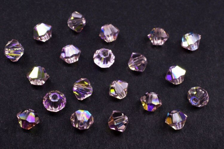 Бусины биконусы хрустальные 4мм, цвет LIGHT ROSE AB, 746-073, 20шт