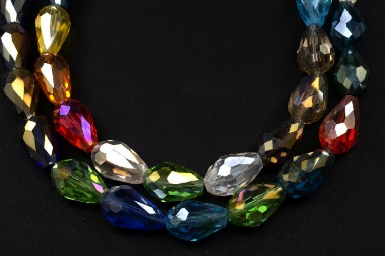 Бусина стеклянная граненая Капля 15х10мм, ассорти цветов, прозрачная, гальваническое покрытие, 503-039, 10шт