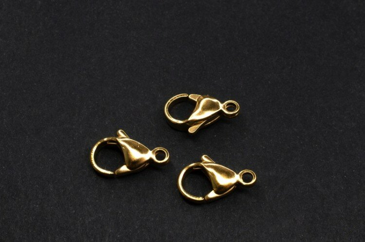 Замок-карабин 15х9х4мм, отверстие 1,5мм, цвет золото, полированная хирургическая сталь, 07-022, 1шт