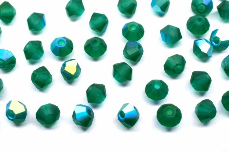 Бусины биконусы хрустальные 3мм, цвет EMERALD AB MATT, 745-067, 20шт