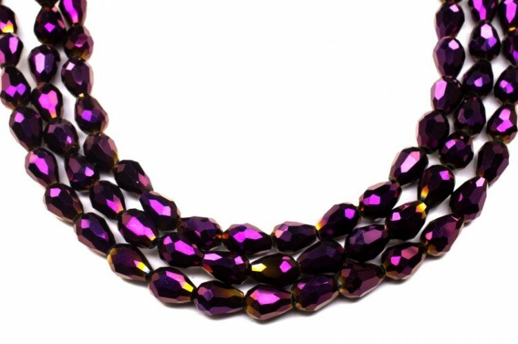 Бусина стеклянная граненая Капля 7х6мм, цвет фиолетовый, гальваническое покрытие, 503-024, 20шт