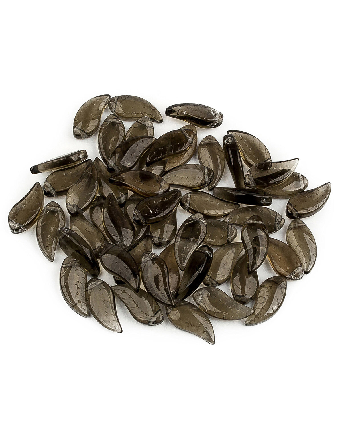 Бусины стеклянные прозрачные, в форме листиков, размер бусин: 18х8х4,5 мм, цвет: черный бриллиант, 40 грамм (примерно 50 шт)