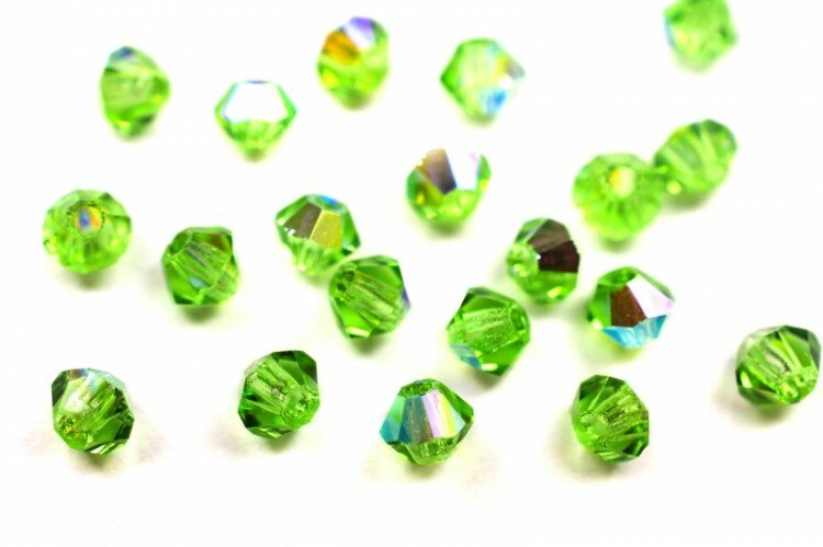 Бусины биконусы хрустальные 3мм, цвет PERIDOT AB, 745-016, 20шт