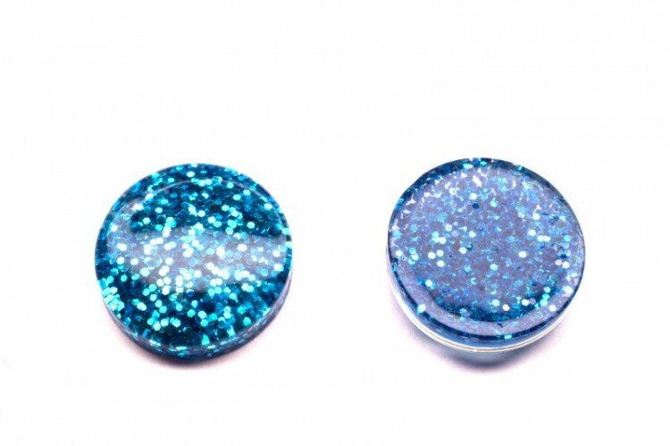 Кабошон круглый с блестками 13-14х4-5мм, цвет синий, смола, 2006-025, 2шт
