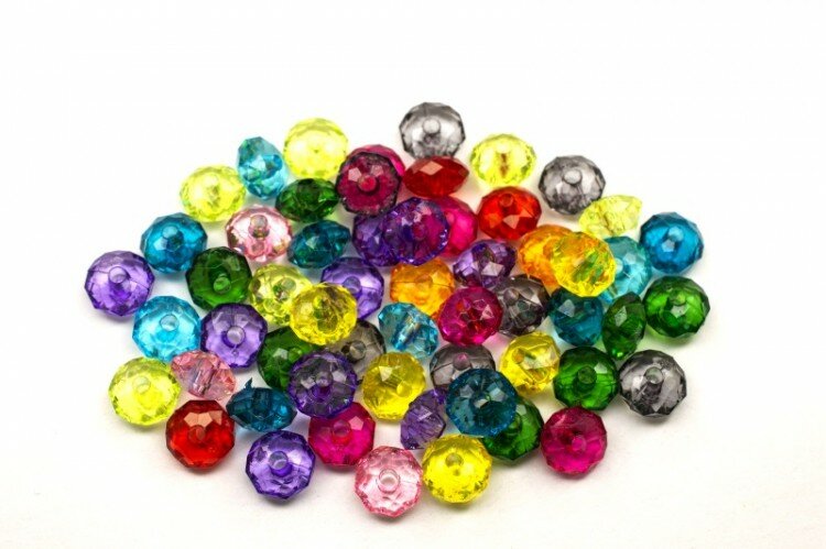 Бусины акриловые Рондель 8х5мм, отверстие 1,5мм, ассорти цветов, прозрачные, 540-059, 10г (около 55шт)