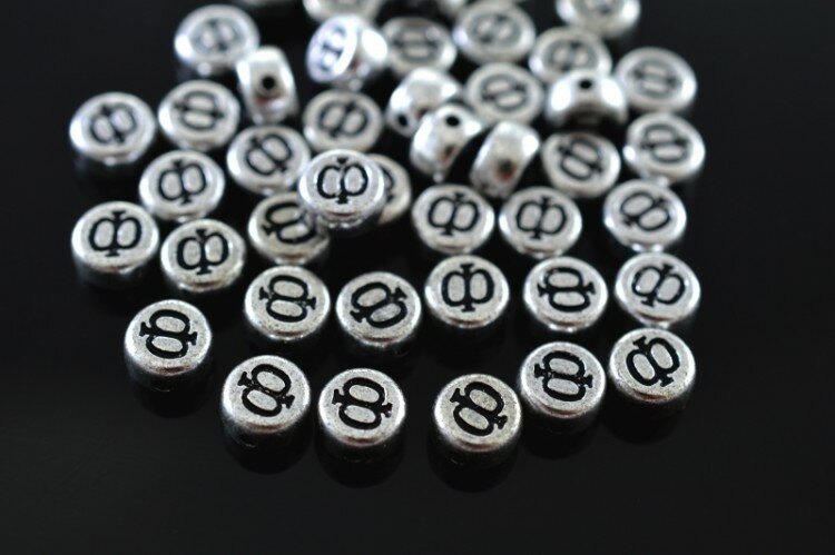 Бусина с русской буквой Ф 7х4мм, отверстие 1мм, цвет серебро/черный, 540-160, 2шт