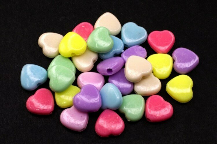 Бусины акриловые Сердце 12х11х5мм, отверстие 2мм, ассорти цветов, 540-127, 10г (около 22шт)